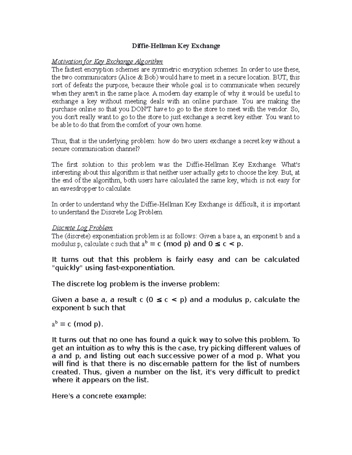 Diffie Hellman Notes - Diffie-Hellman Key Exchange Motivation for Key ...