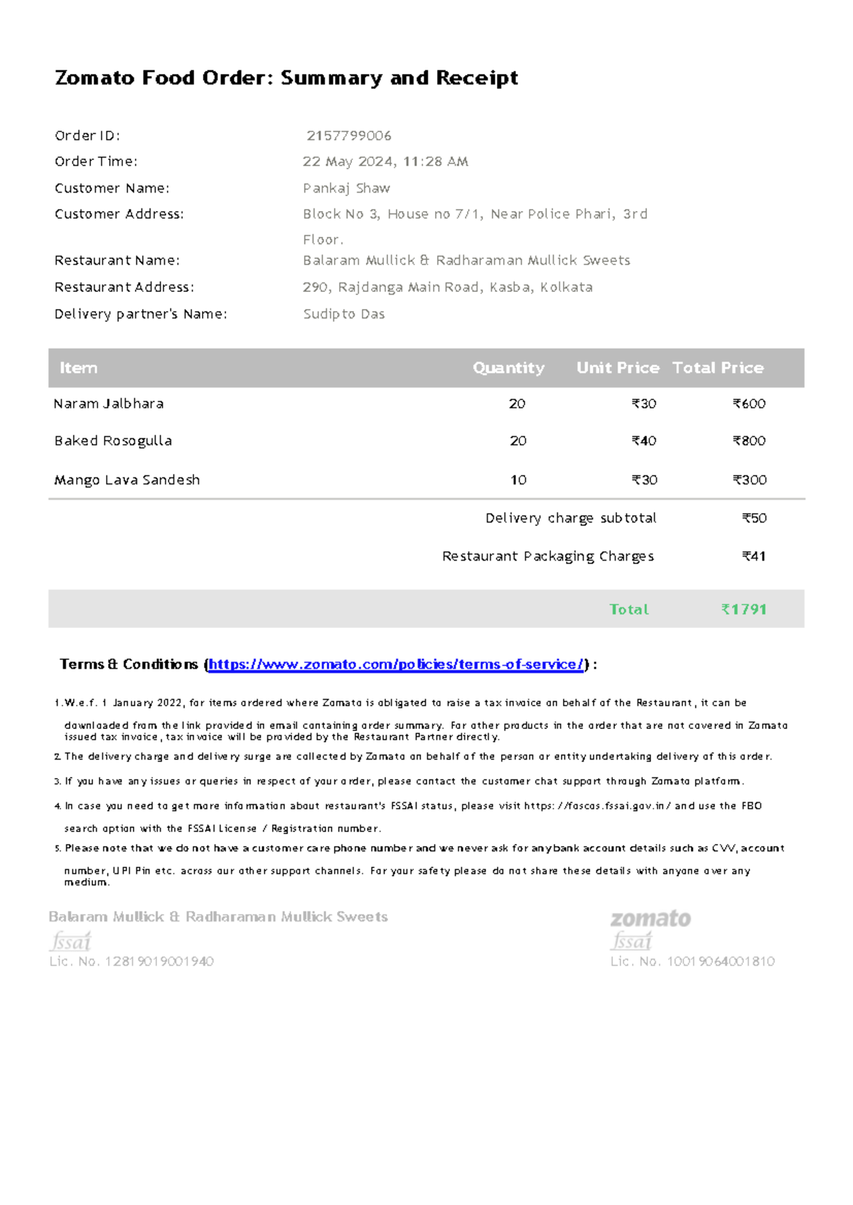 Order ID 2157799006 - data - Zomato Food Order: Summary and Receipt ...