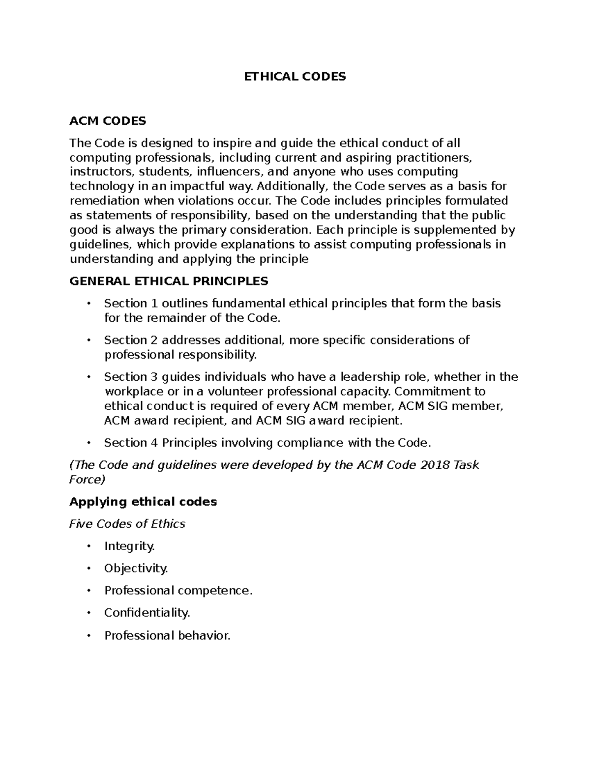 Ethical Codes - ETHICAL CODES ACM CODES The Code is designed to inspire ...