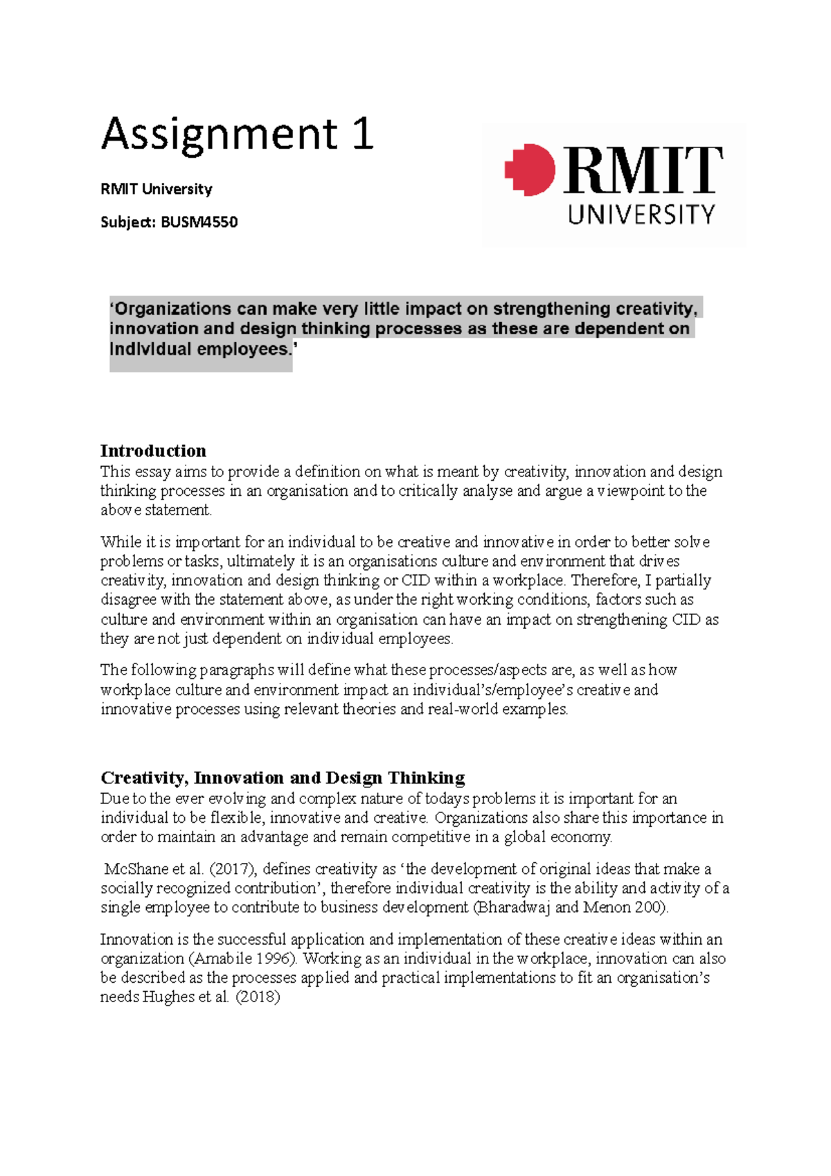 CID Assignment 1 - Assignment 1 RMIT University Subject: BUSM ...