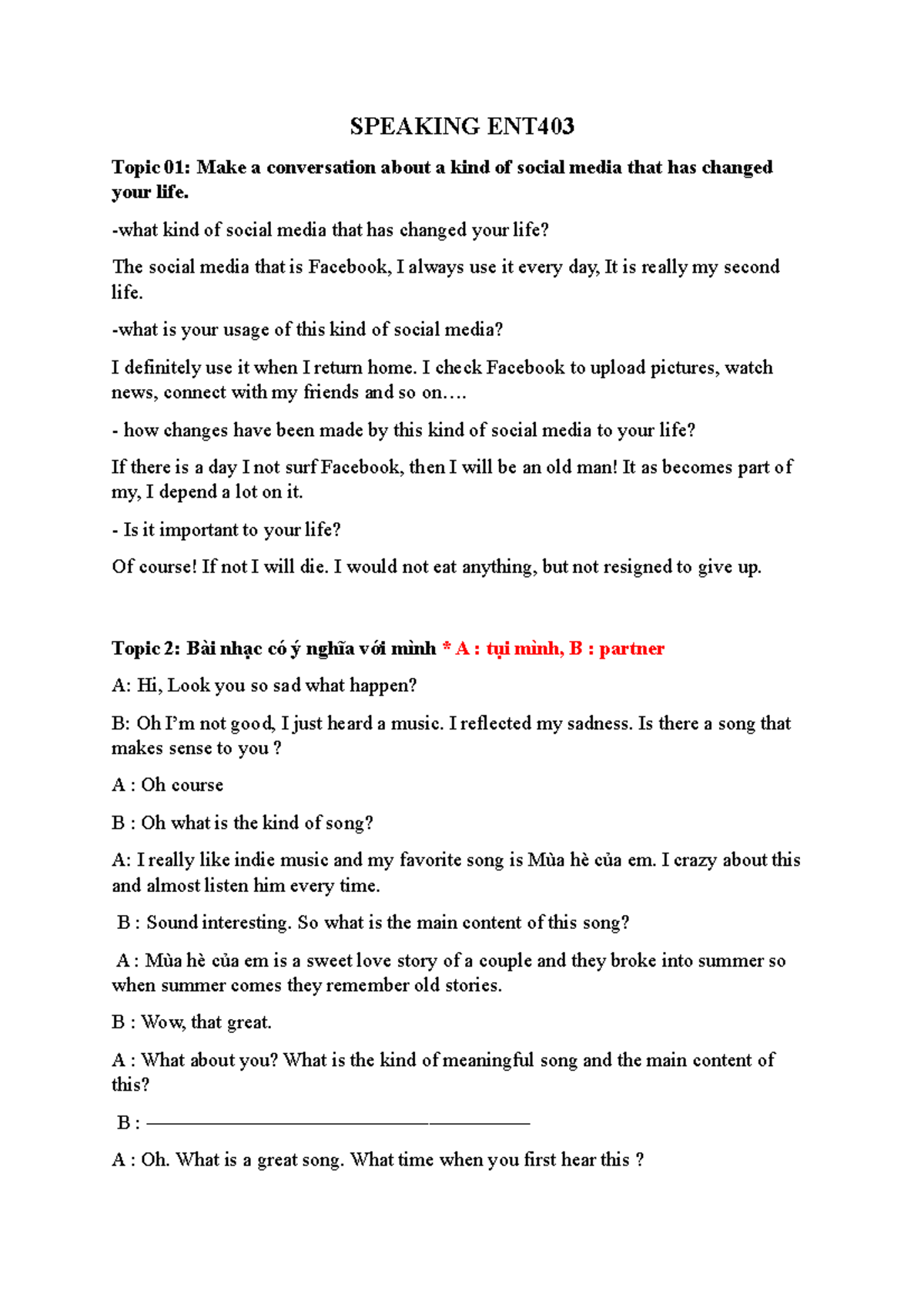 Speaking ENT403 - Hhhhh - SPEAKING ENT Topic 01: Make a conversation ...