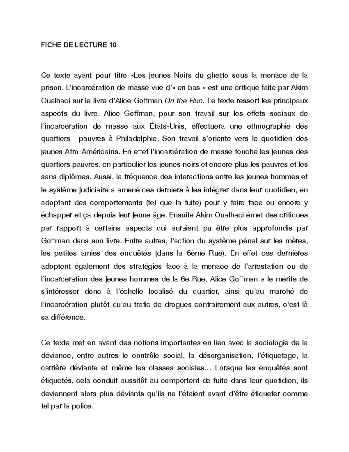 Fiche de lecture 10- Déviance - FICHE DE LECTURE 10 Ce texte ayant pour titre «Les jeunes Noirs ...