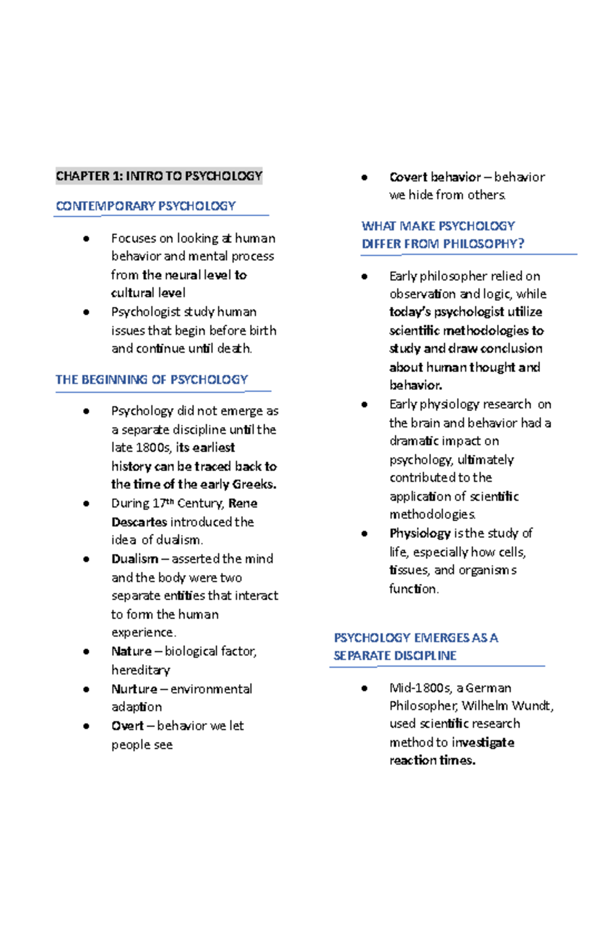 Pdf - CHAPTER 1: INTRO TO PSYCHOLOGY CONTEMPORARY PSYCHOLOGY Focuses on ...