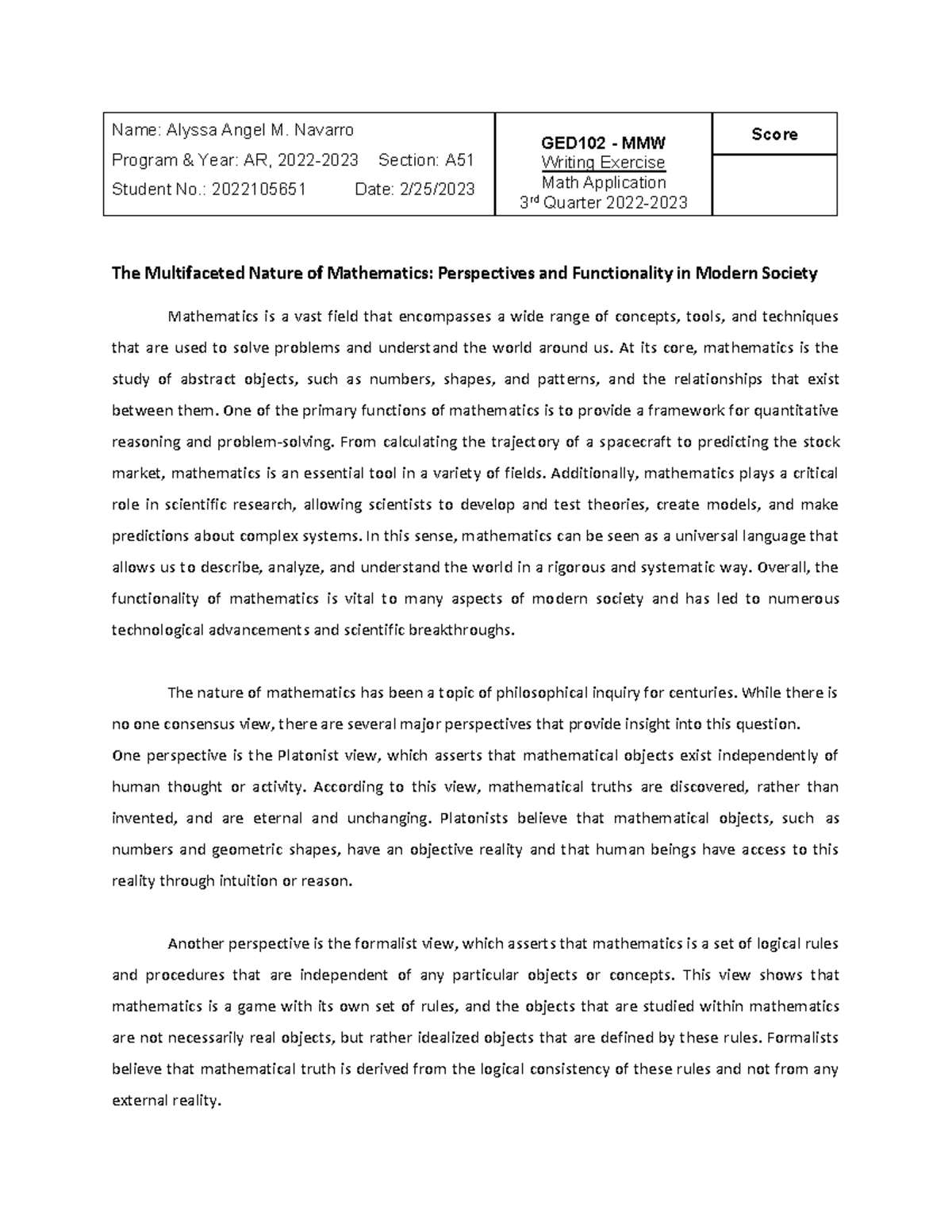 Navarro GED102 Writing Activity - Name: Alyssa Angel M. Navarro Program ...