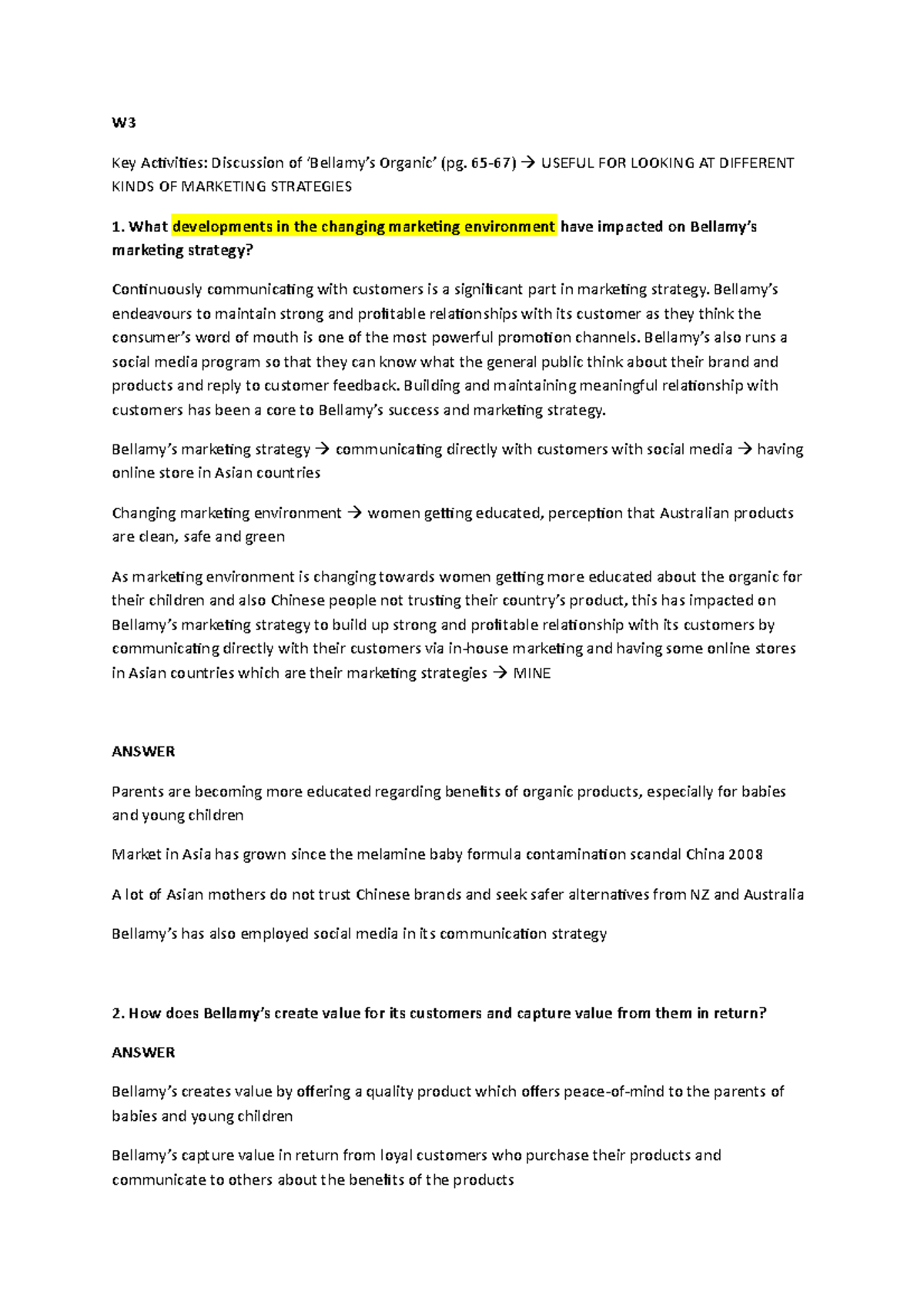 W3 tutorial - W Key Activities: Discussion of ‘Bellamy’s Organic’ (pg ...