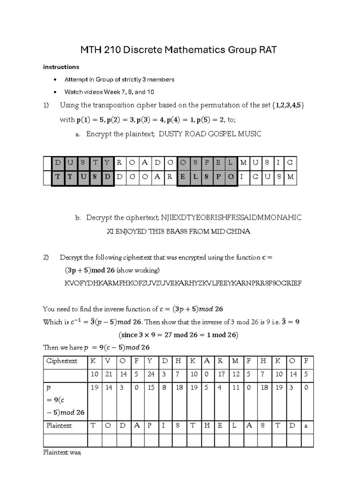 Solution MTH 210 Discrete Mathematics Group RAT 1 - MTH 210 Discrete Mathematics Group RAT - Studocu