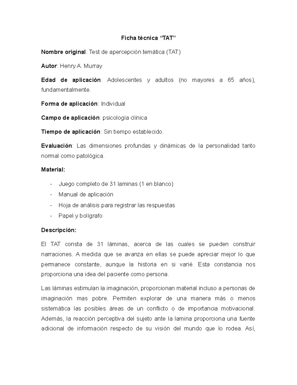 Ficha tecnica TAT Nombre original Test d - Ficha técnica “TAT” Nombre ...