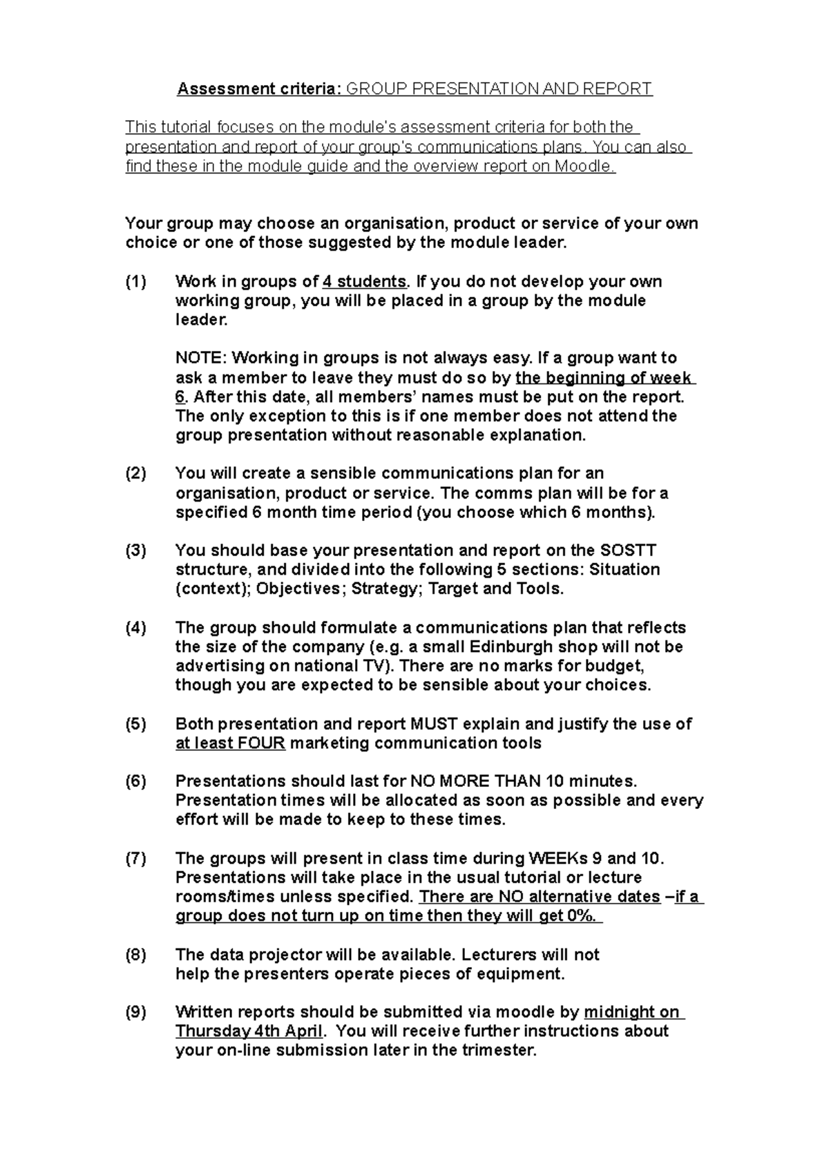 Assessment criteria for BOTH assessments - Assessment criteria: GROUP ...