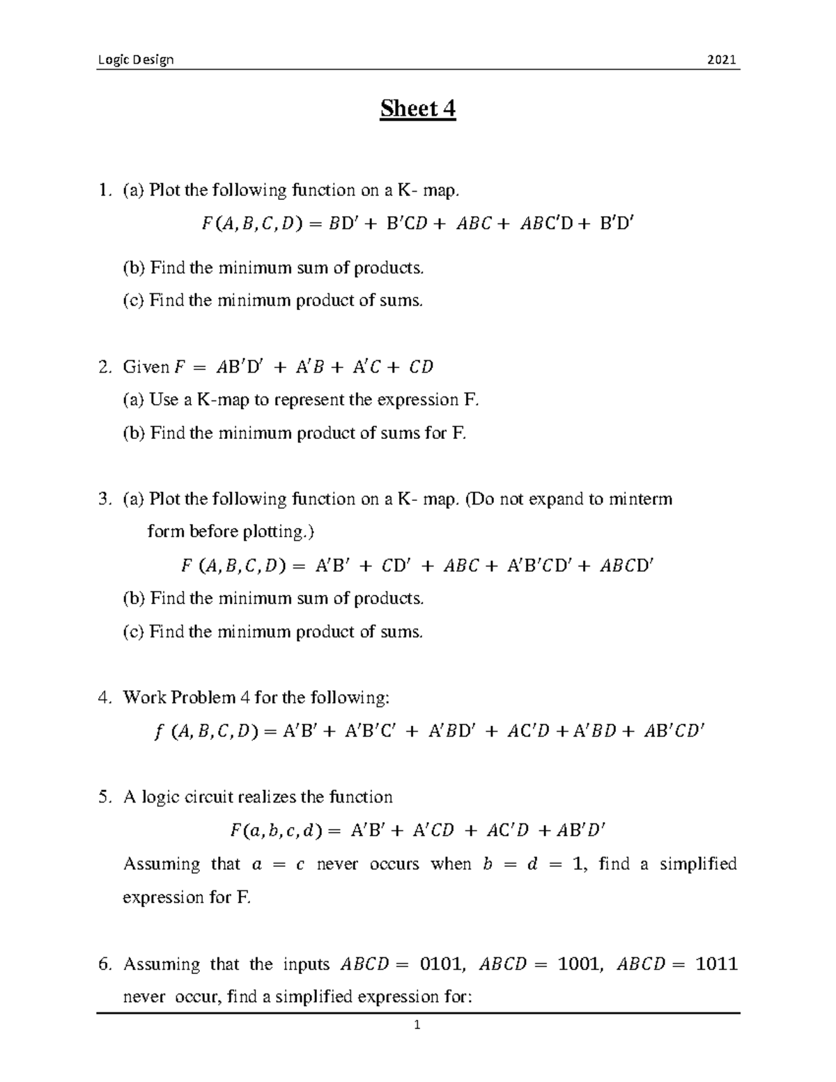 Sheet 4 Logic Design - ... - Logic Design 2021 1 Sheet 4 (a) Plot the ...