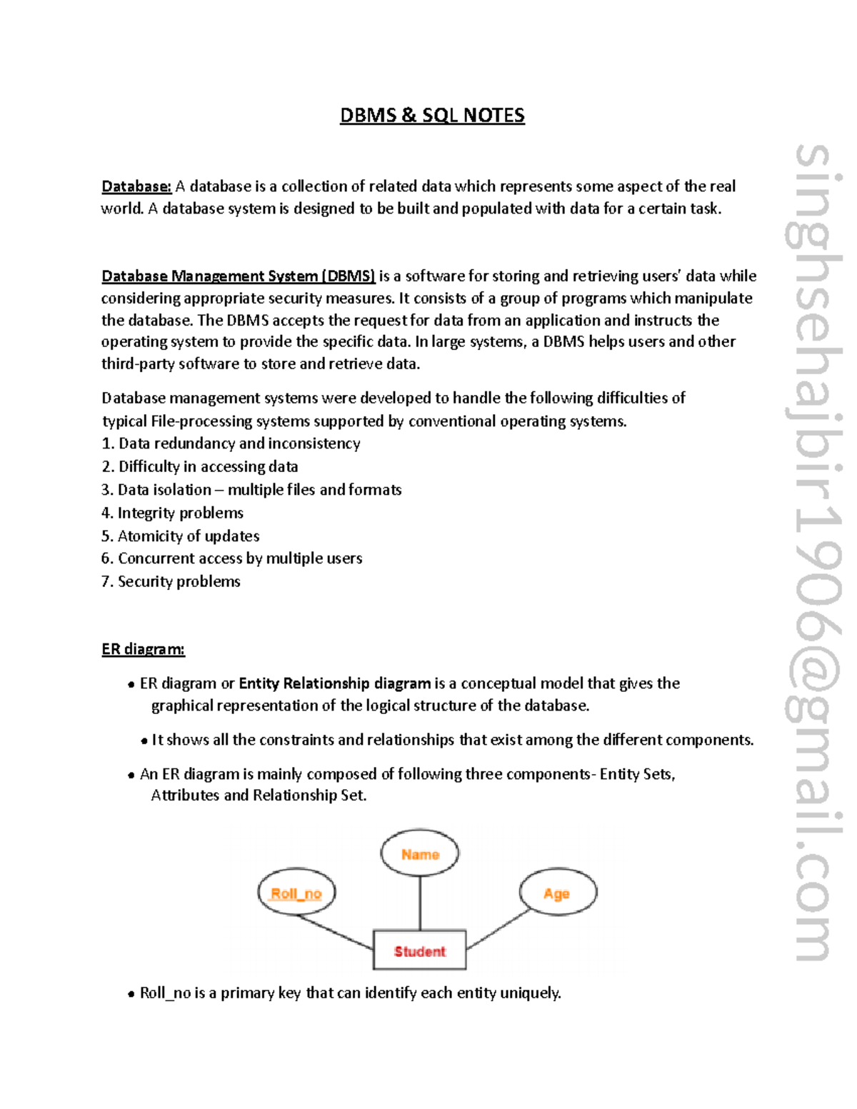 DBMS Notes - DBMS & SQL NOTES Database: A database is a collection of ...