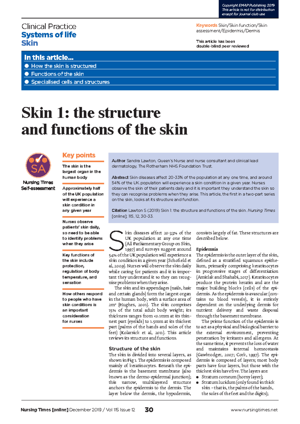 191127 Skin 1 the structure and functions of the skin - This article is ...