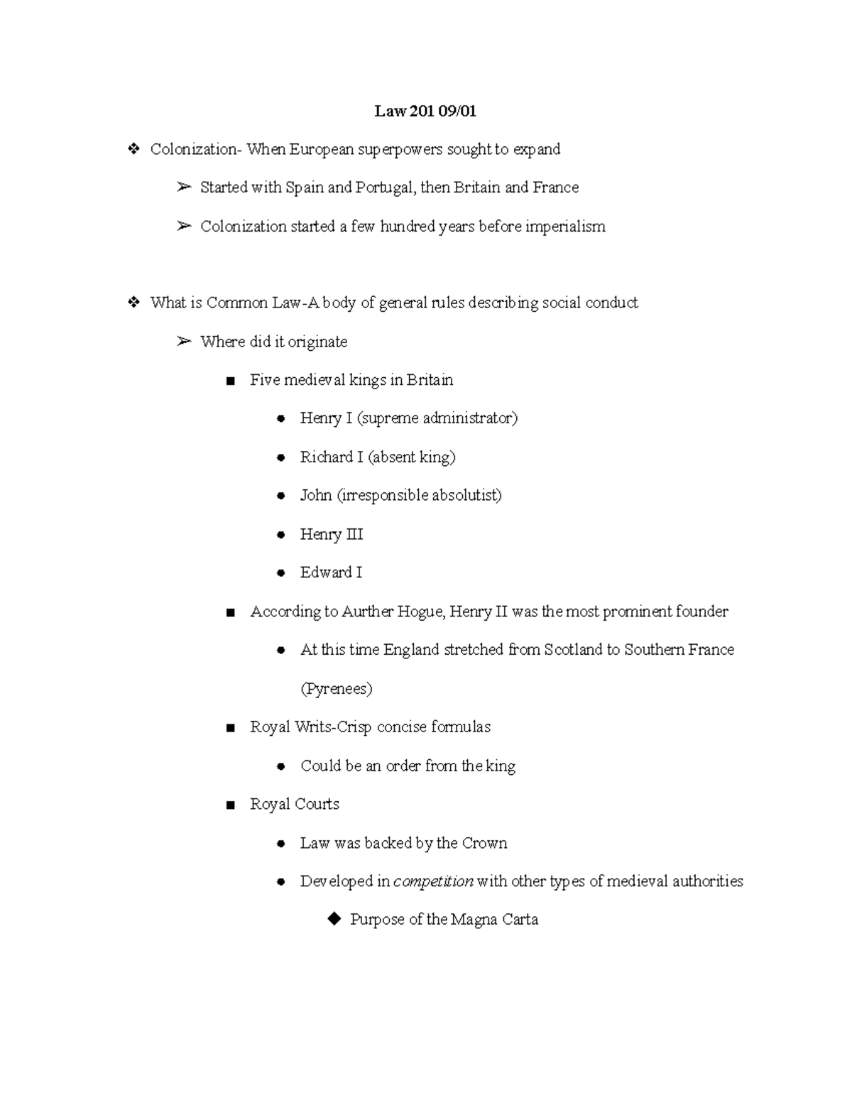 Law 201 09 01 - Notes from September 1st - Law 201 09/ Colonization ...