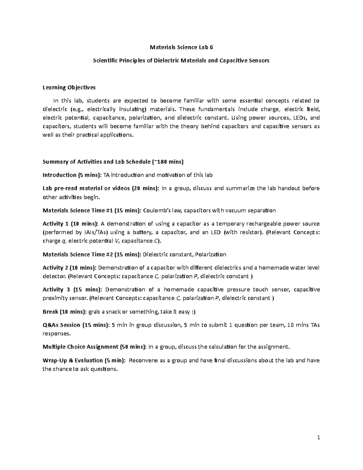Material Science Lab 6 - Scientific Principles of Capacitors Handout ...