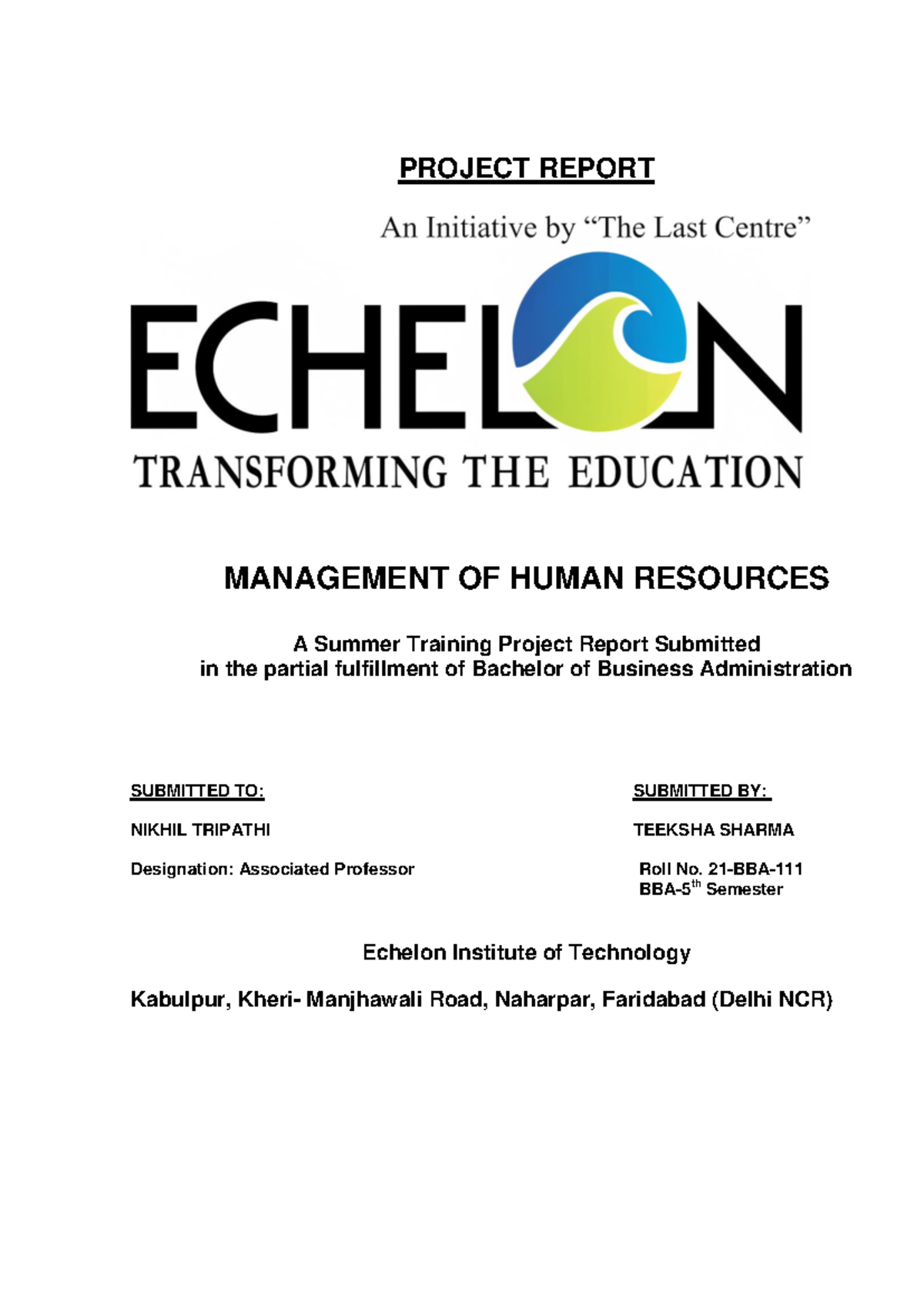 Human Resources Internship Report Thesis 1 - PROJECT REPORT MANAGEMENT ...