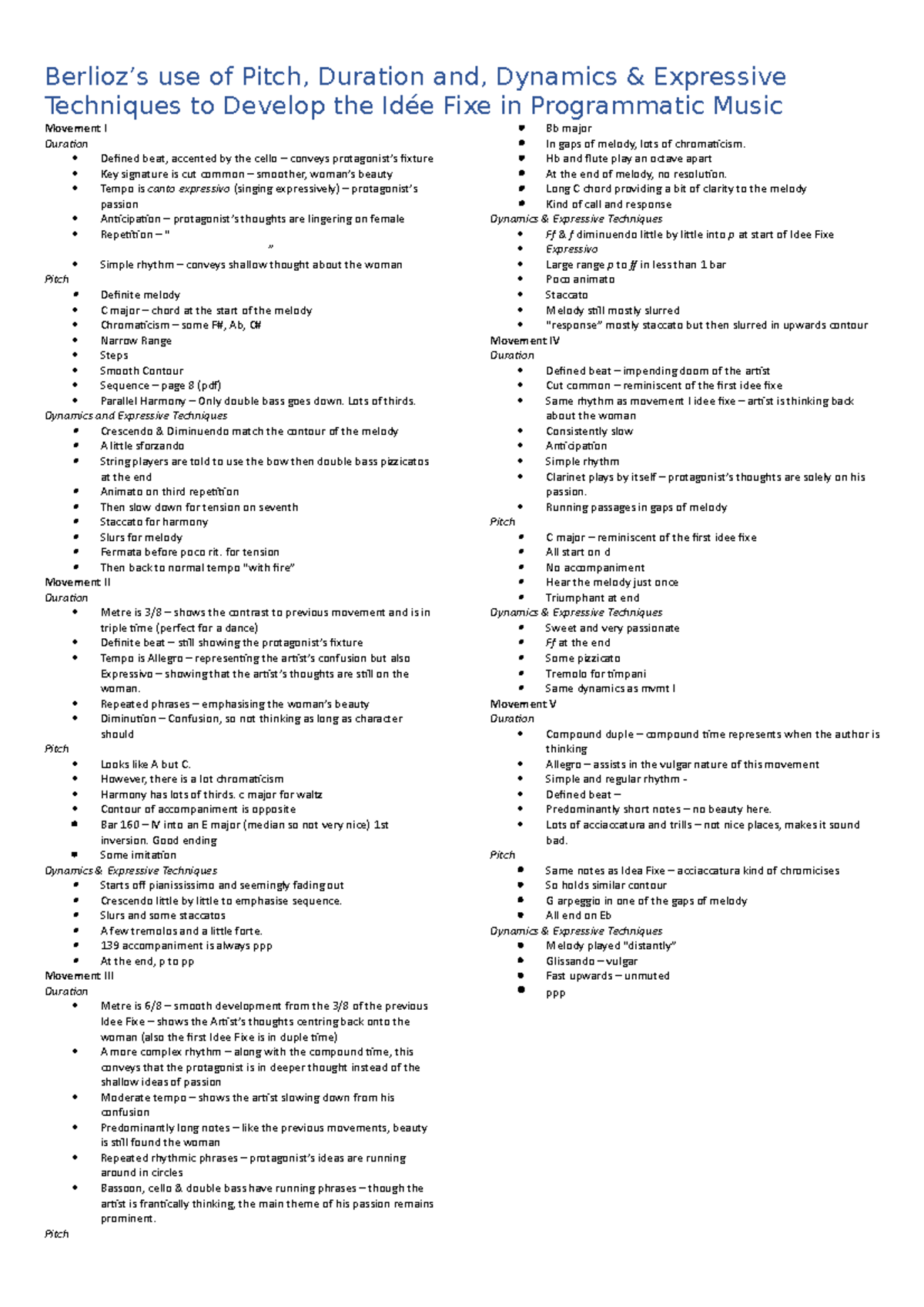 Symphony Fantastique Summary Sheet - use of Pitch, Duration and ...