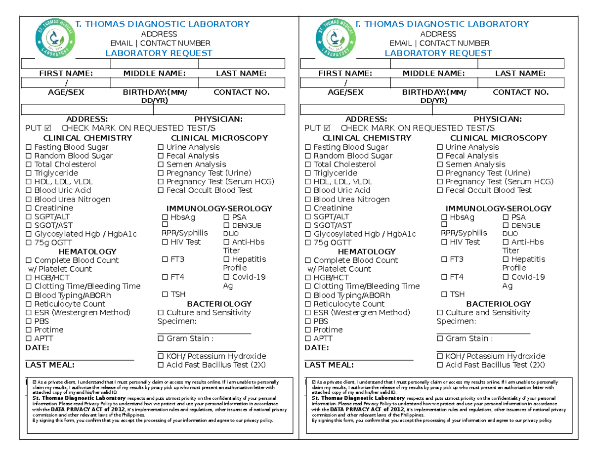 Laboratory Request - guide for stating up laboratory - S ST. THOMAS ...