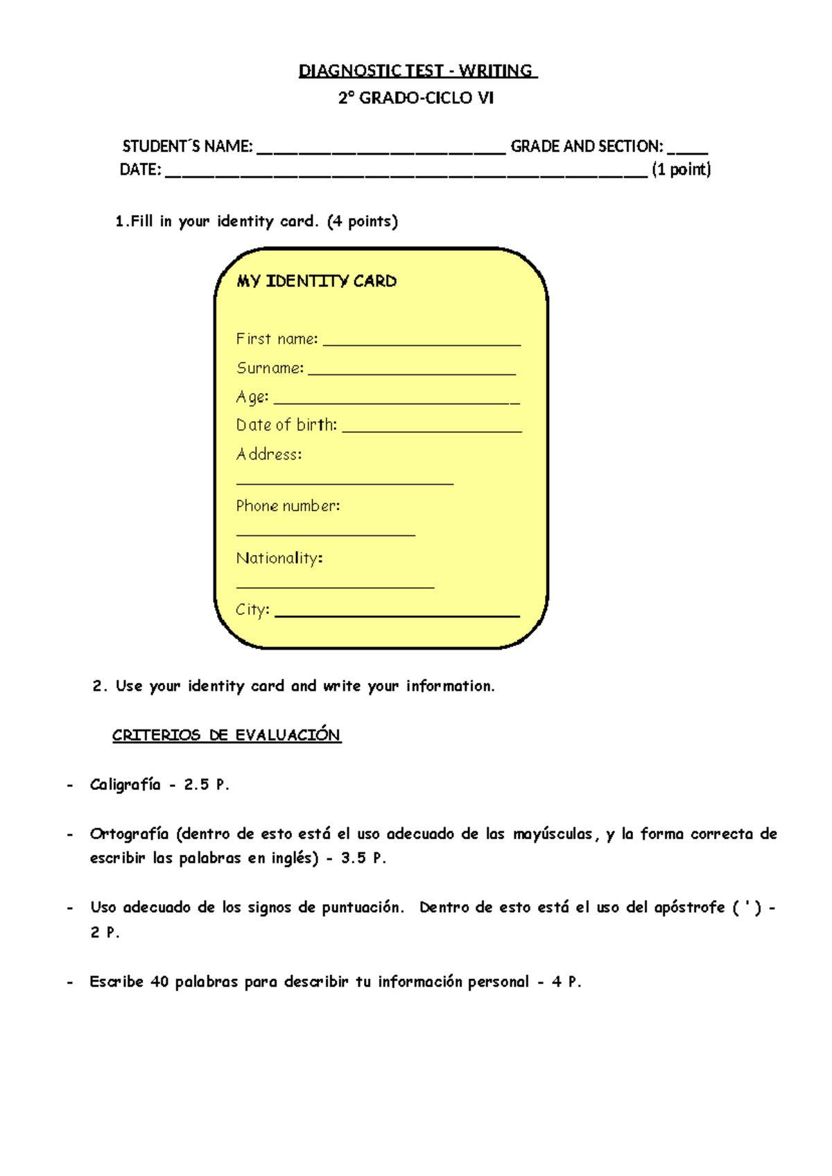 2° Diagnostic TEST- Writing - DIAGNOSTIC TEST - WRITING 2° GRADO-CICLO ...