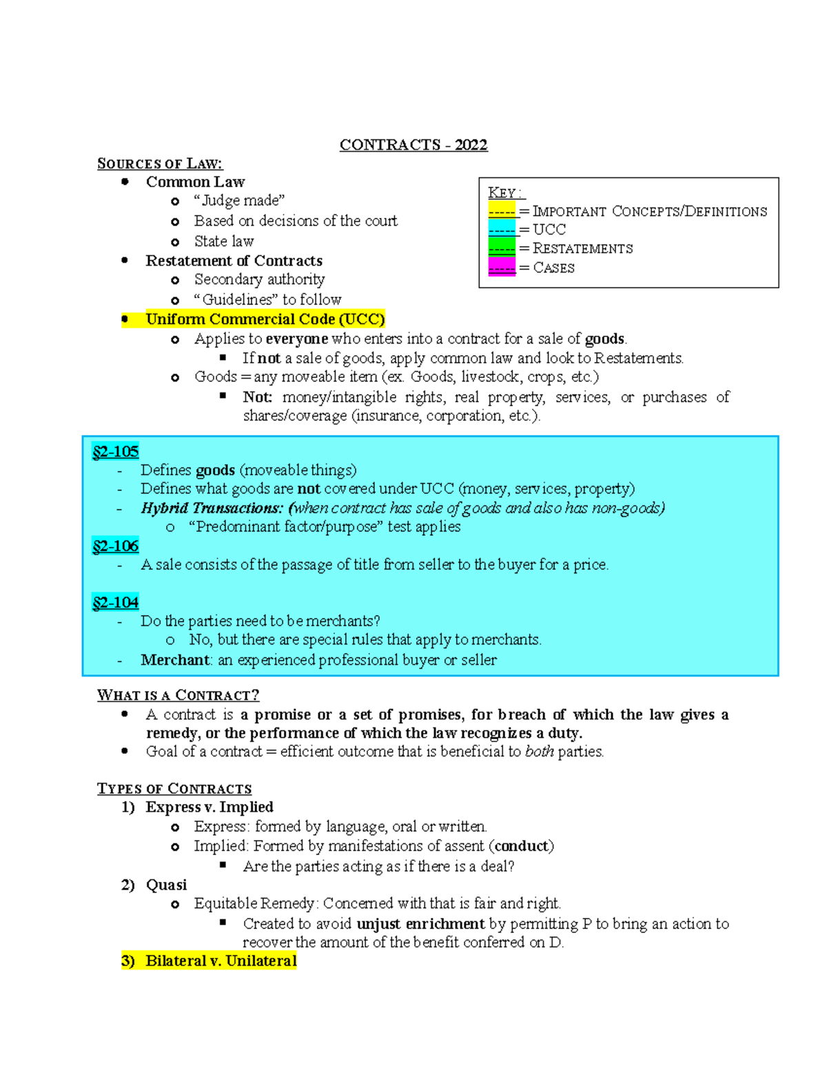 Contracts - Outline - CONTRACTS - 2022 SOURCES OF LAW: Common Law o ...