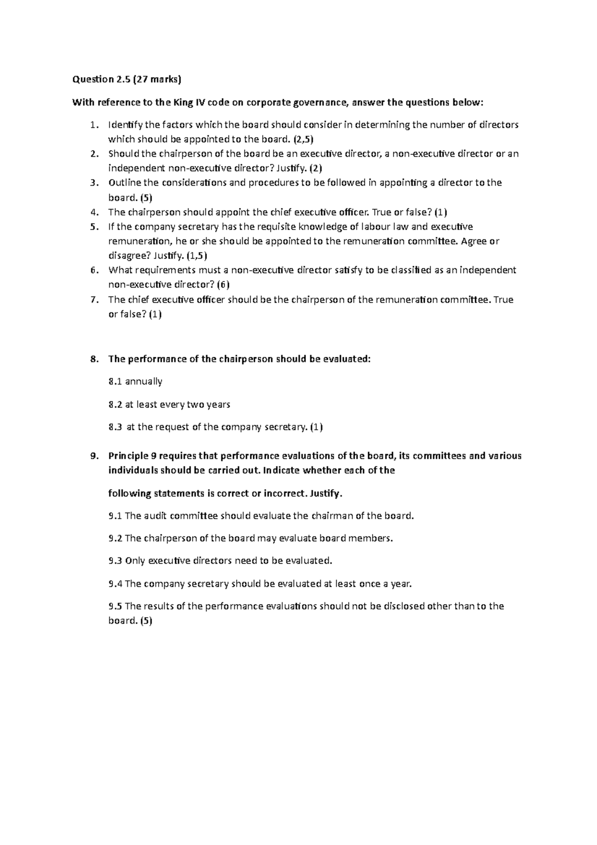 Question 2 - Question 2 (27 marks) With reference to the King IV code ...