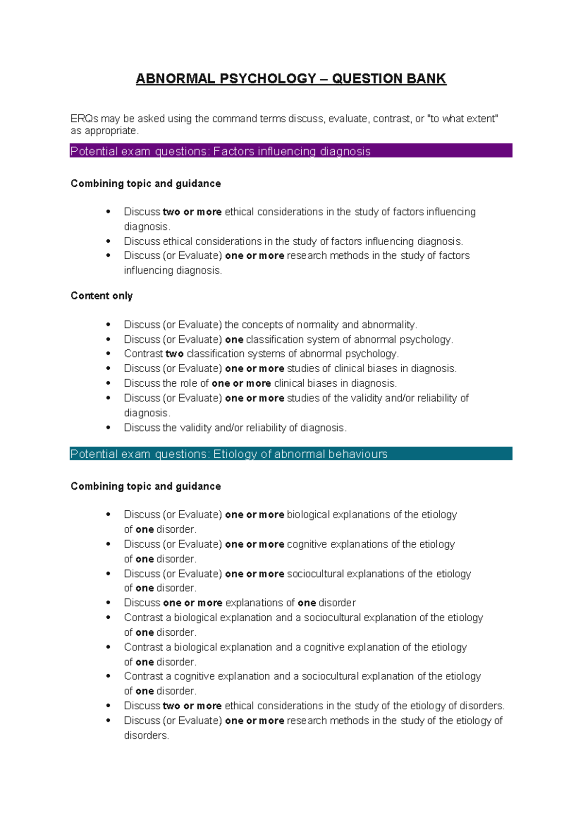 Abnormal Psychology - Question Bank - ABNORMAL PSYCHOLOGY – QUESTION ...