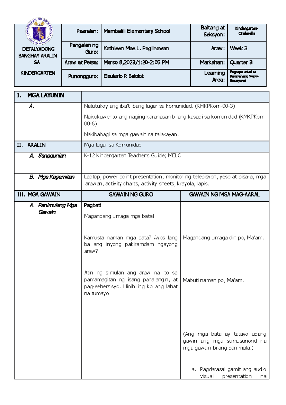 DLP WEEK 22 MGA Lugar SA Komunidad - DETALYADONG BANGHAY ARALIN SA ...