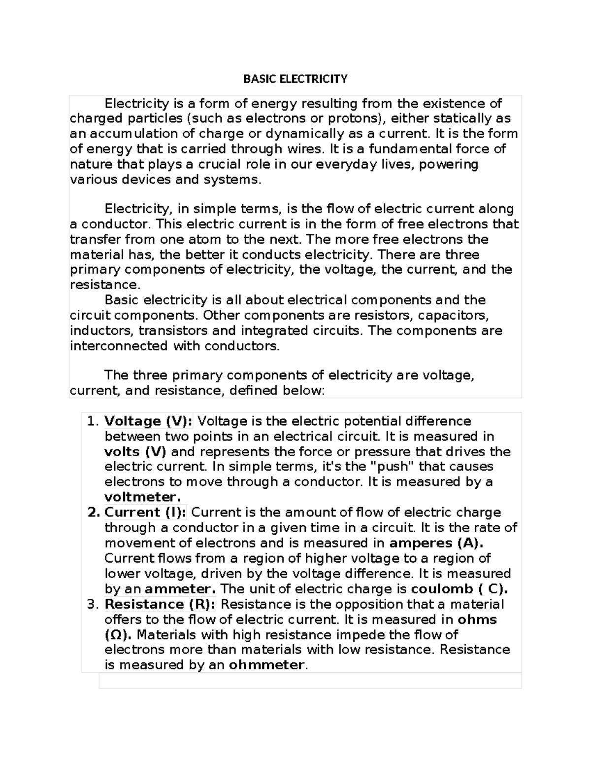 Basic- Electricity - BASIC ELECTRICITY Electricity is a form of energy ...