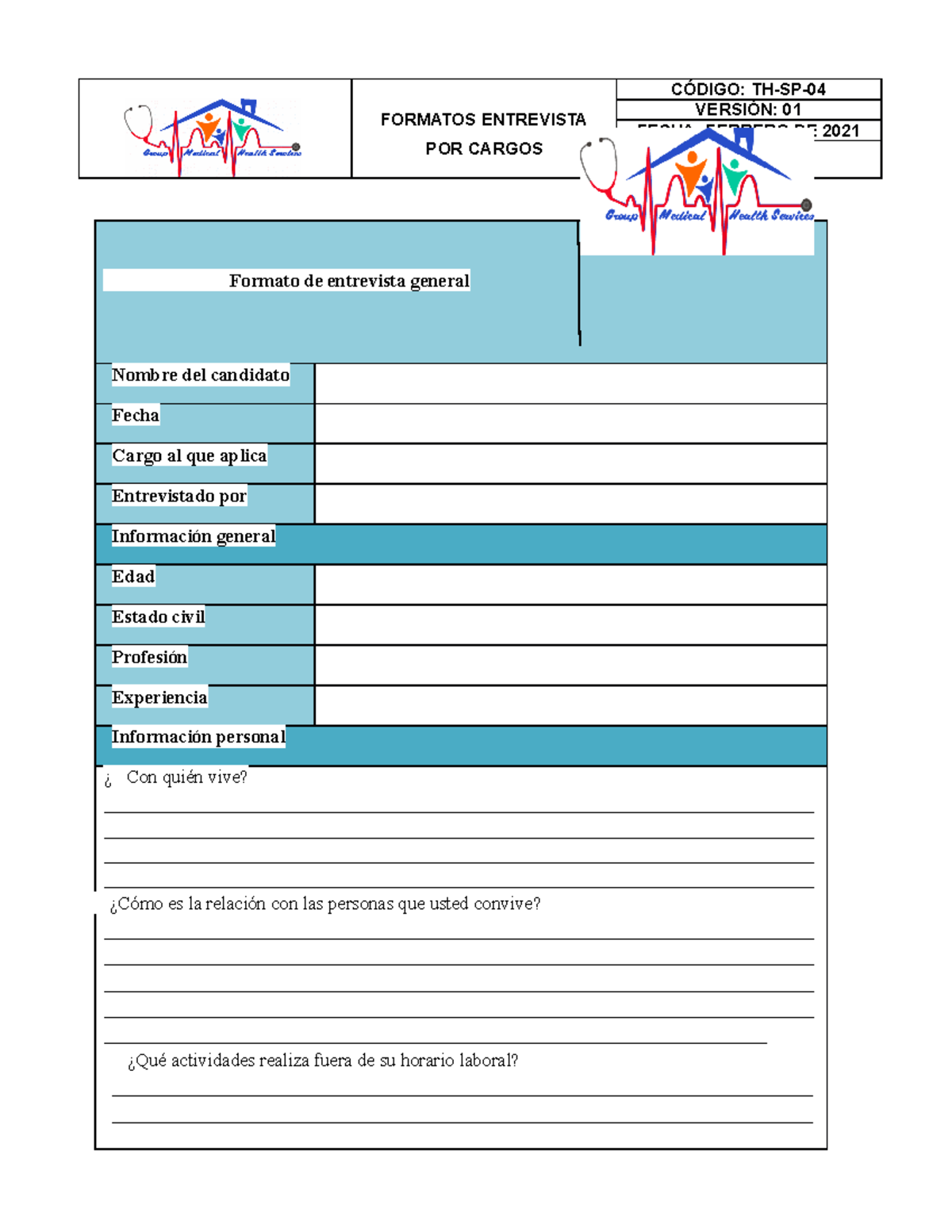 04-SE-P-04 Formato DE Entrevista - FORMATOS ENTREVISTA POR CARGOS ...