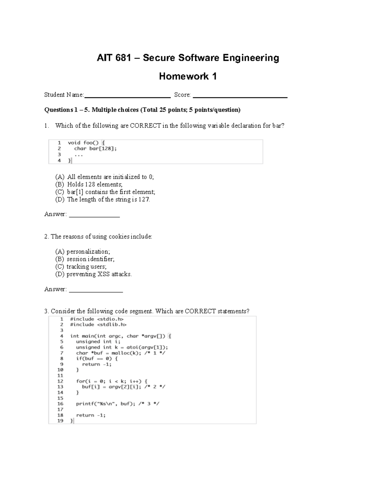 HW1 - Grade: ghfgh - AIT 681 – Secure Software Engineering Homework 1 Student Name: Score ...