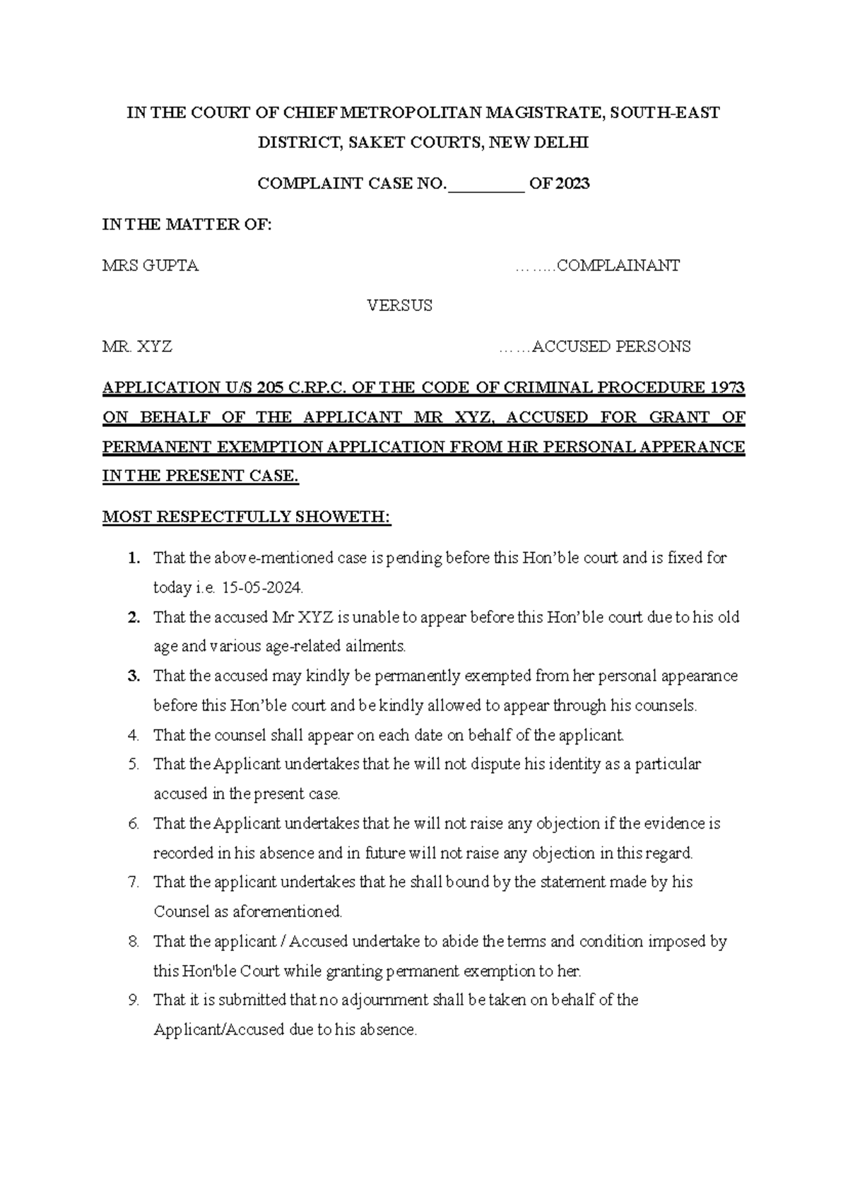 Exemption Application - IN THE COURT OF CHIEF METROPOLITAN MAGISTRATE ...