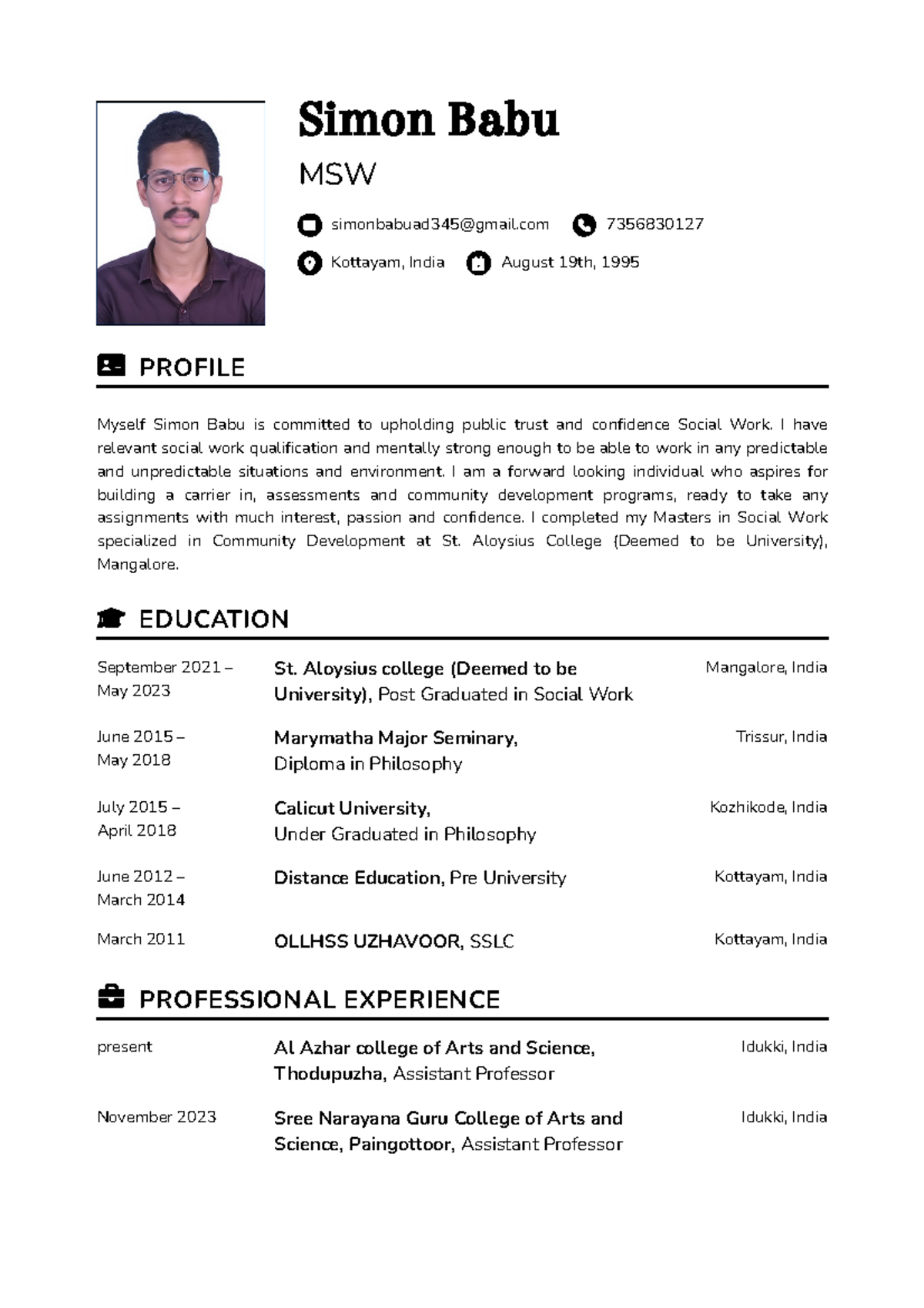 Simon BABU CV - NIL - Simon Babu MSW simonbabuad345@gmail 7356830127 ...