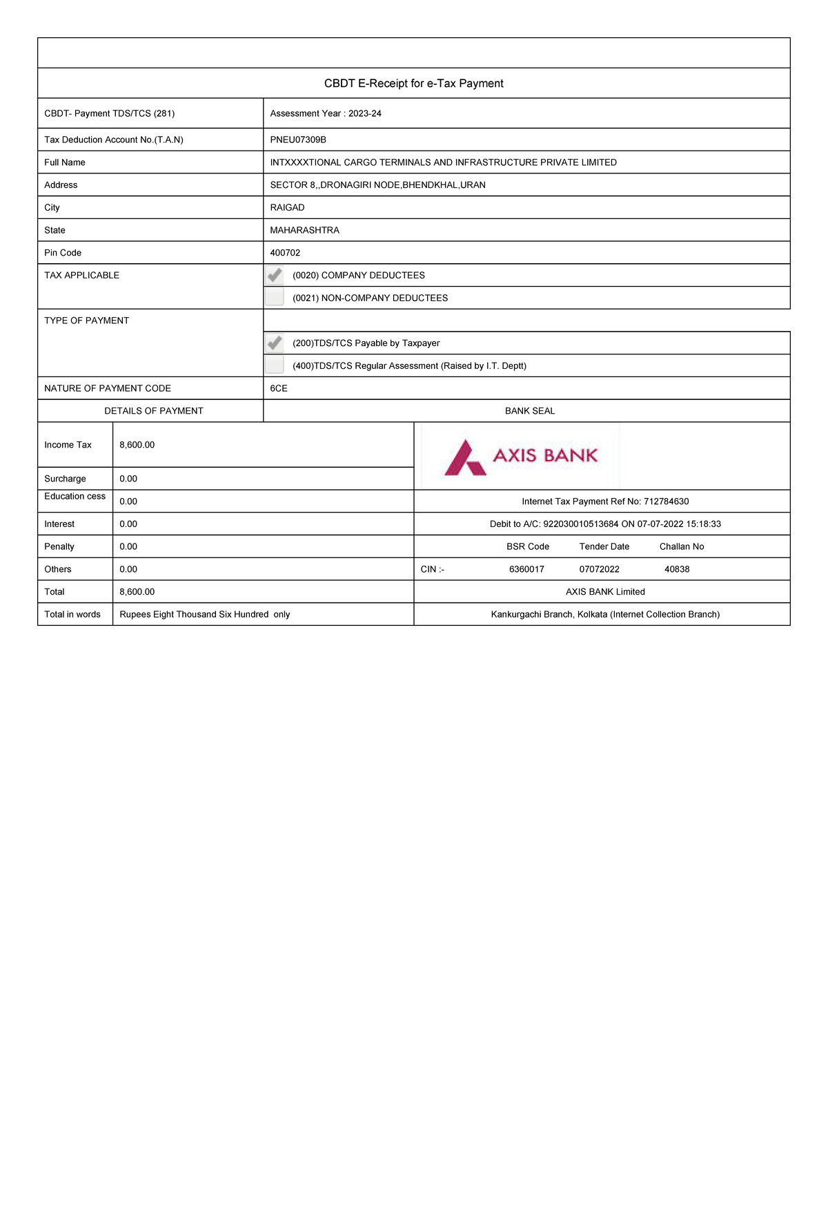 Cbdtsmchallan Form 07-07-2022 - CBDT E-Receipt for e-Tax Payment CBDT ...