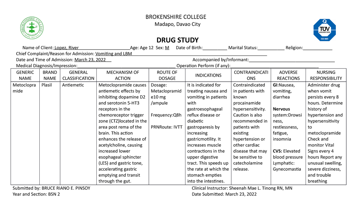 Drug-Study- Pinsoy 2 - notes - BROKENSHIRE COLLEGE Madapo, Davao City ...