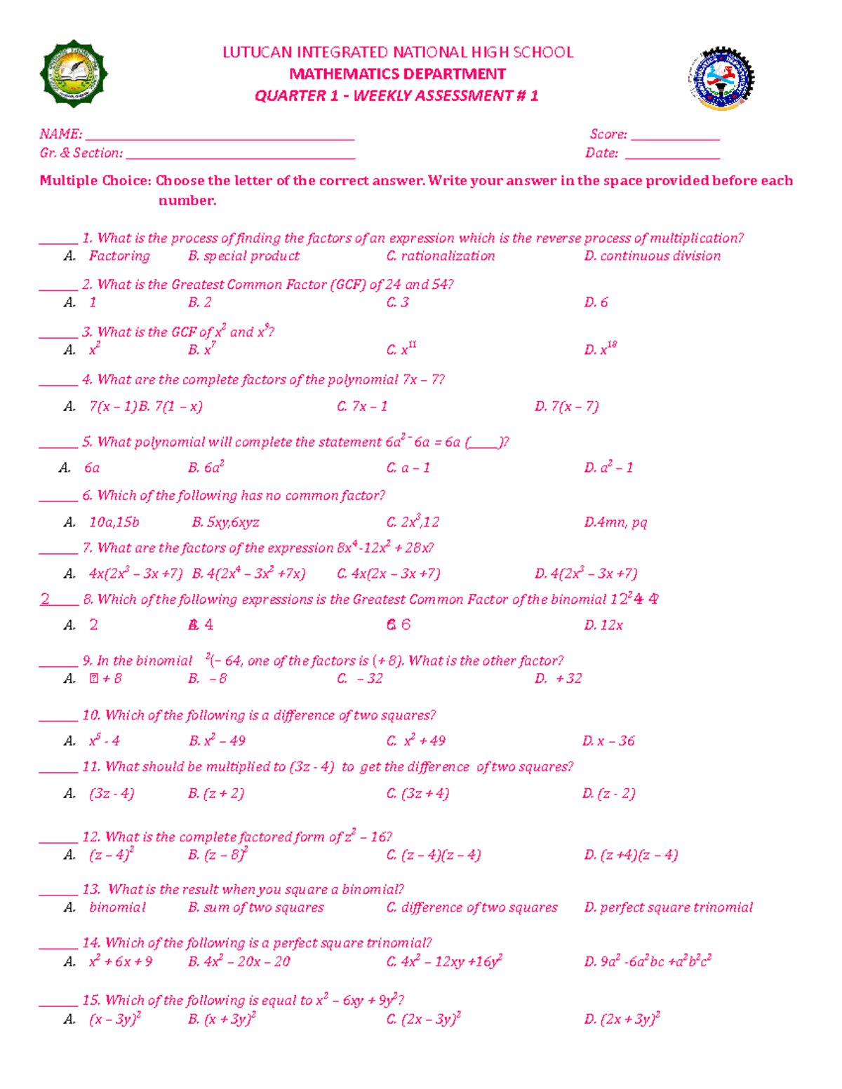 Q1 WEEK 1 Weekly Assessment - LUTUCAN INTEGRATED NATIONAL HIGH SCHOOL ...