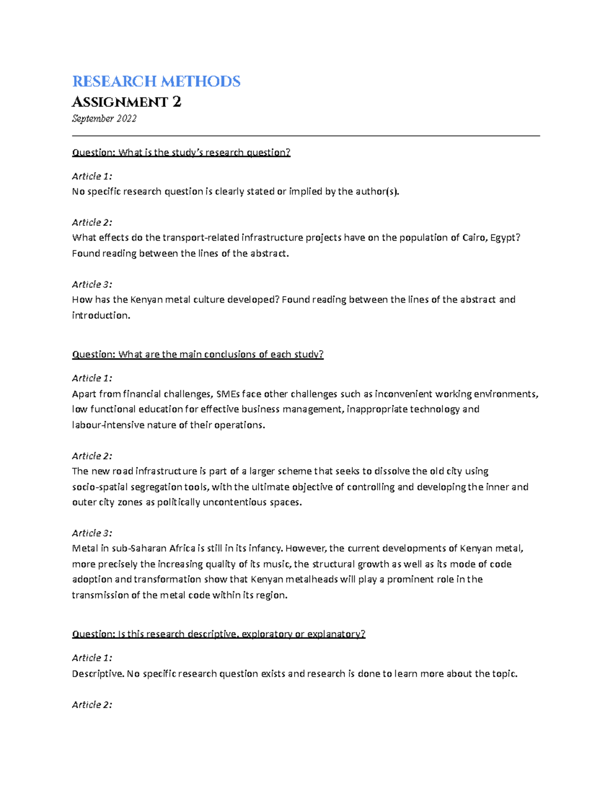 Research Methods - Assignment 7 - RESEARCH METHODS Assignment 2 ...