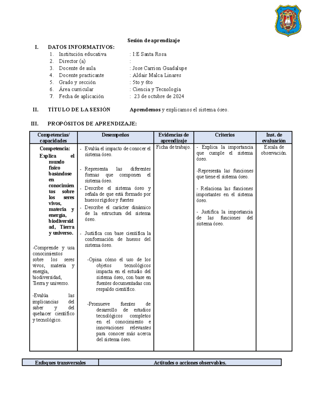 Sesión de aprendizaje - El sistema óseo - 20- 10 - 24 - Sesión de aprendizaje I. DATOS ...