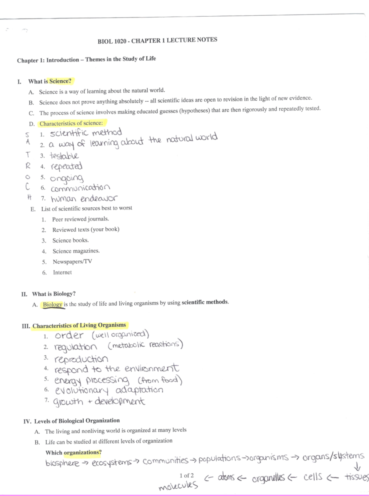 Chapter 1 Notes - biol 1020 - BIOL 1020 CHAPTER 1 LECTURE NOTES Chapter ...