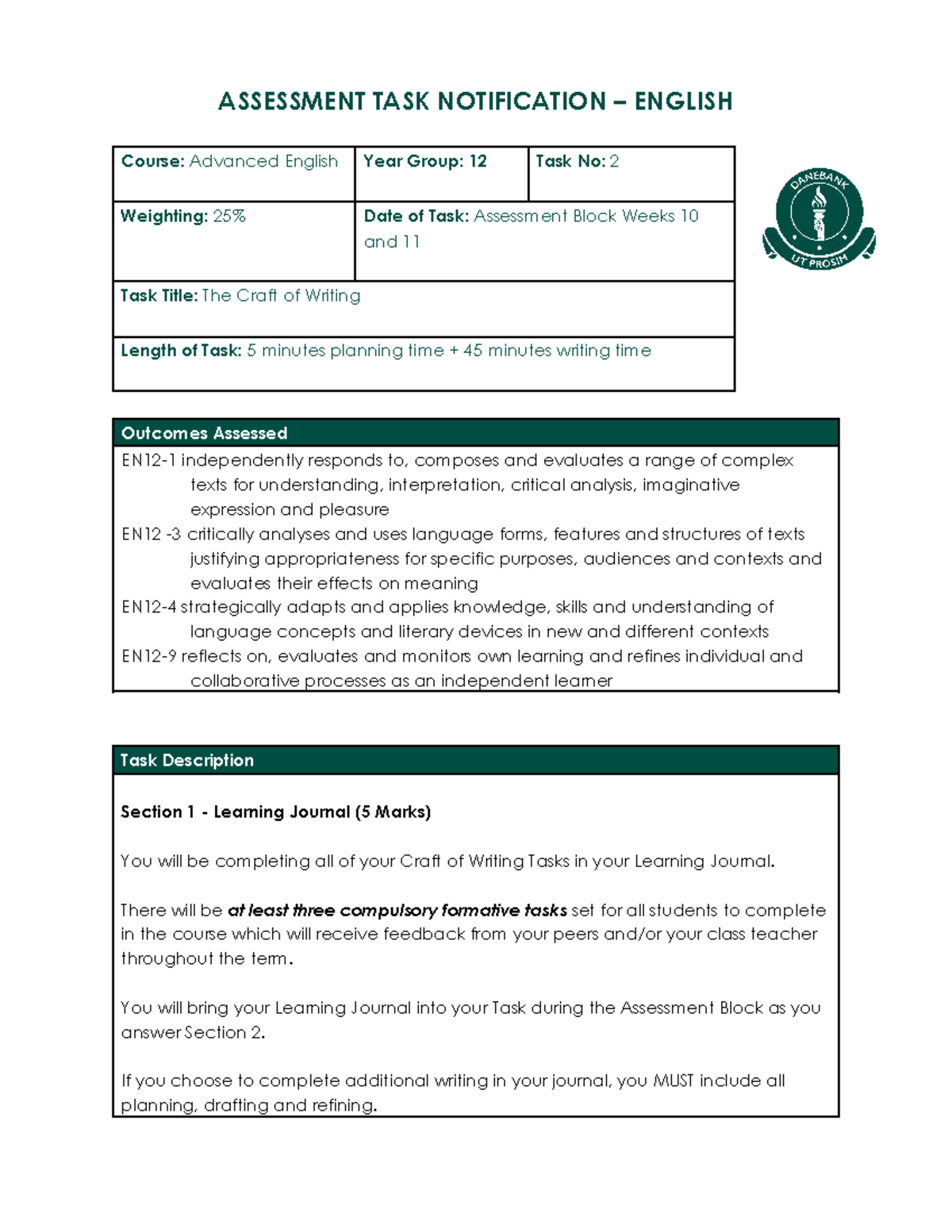 English assessment - ASSESSMENT TASK NOTIFICATION – ENGLISH Course ...