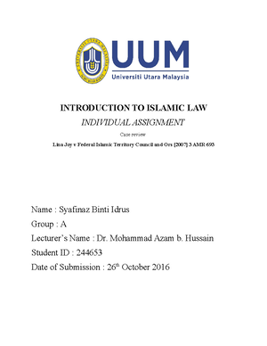 Pdfcoffee - CASE STUDY - INTRODUCTION TO ISLAMIC LAW INDIVIDUAL ASSIGNMENT Case review Lina Joy ...