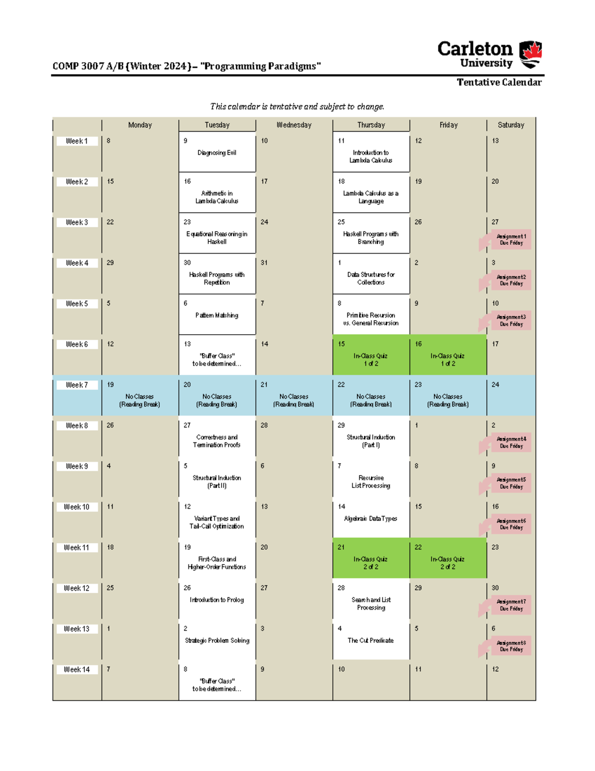 COMP 3007 W24 - Tentative Calendar - COMP 3007 A/B (Winter 2024 ) − ...