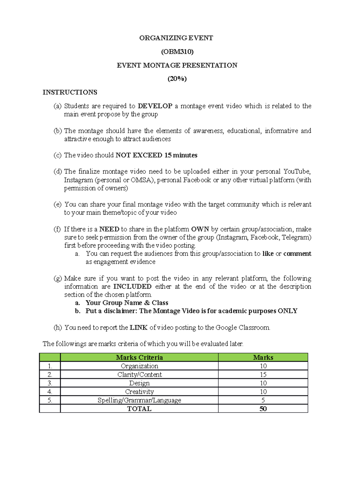 OBM310 Guideline Montage Video 20% - ORGANIZING EVENT (OBM310) EVENT ...