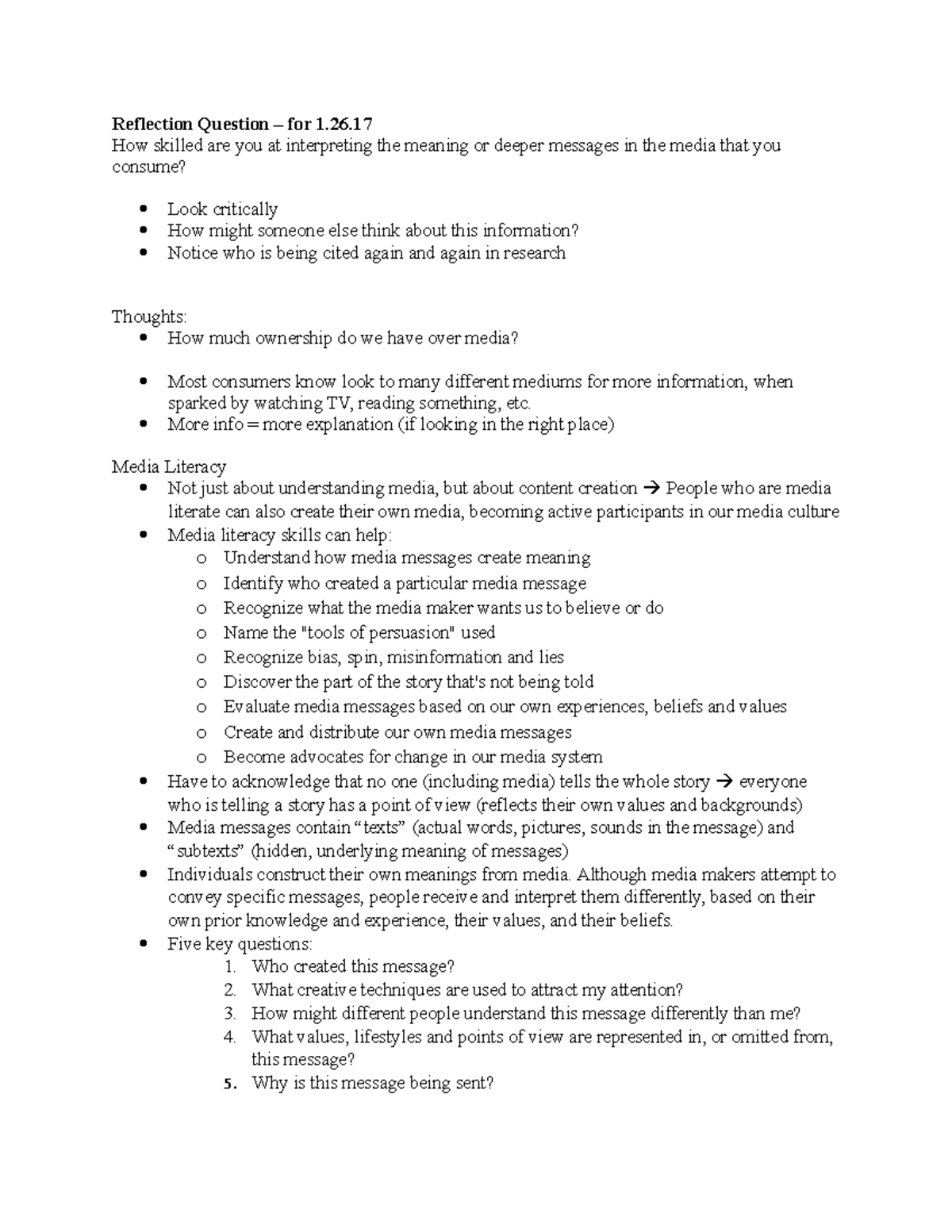 Reflection Question - Media Literacy - Reflection Question – for 1. How ...