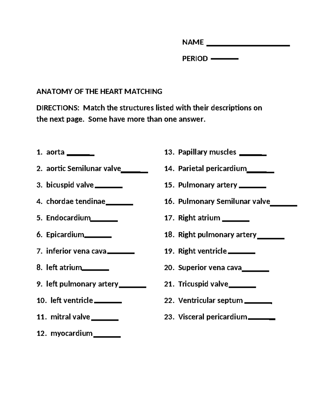 Anatomy of the Heart Matching - NAME PERIOD ANATOMY OF THE HEART ...