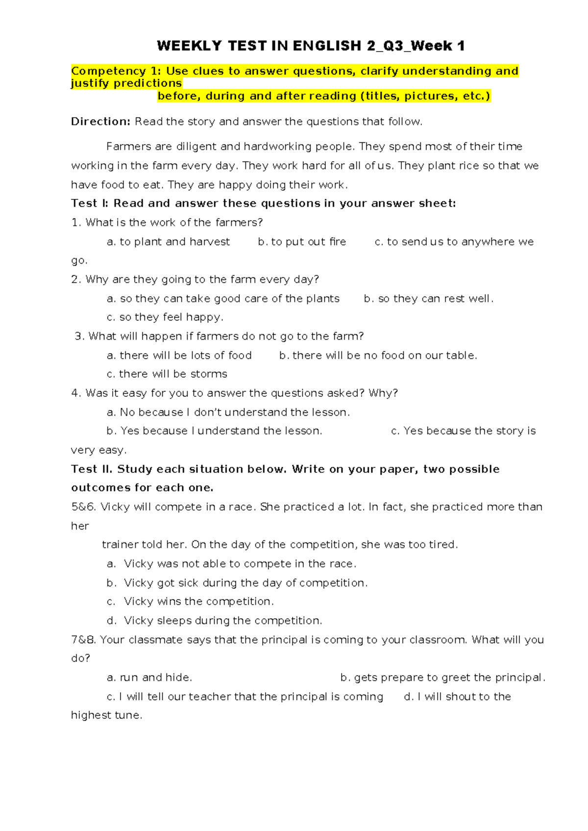 Eng2 Q3 Weekly Test - WEEKLY TEST IN ENGLISH 2_Q3_Week 1 Competency 1 ...