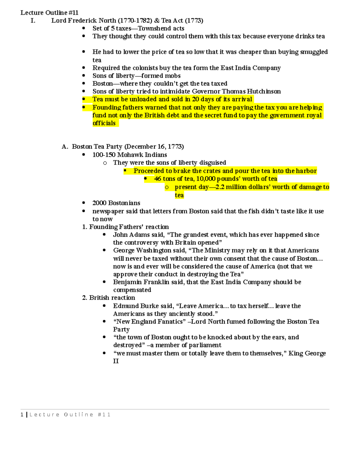 History 1010 lecture 11 - Lecture Outline # I. Lord Frederick North ...