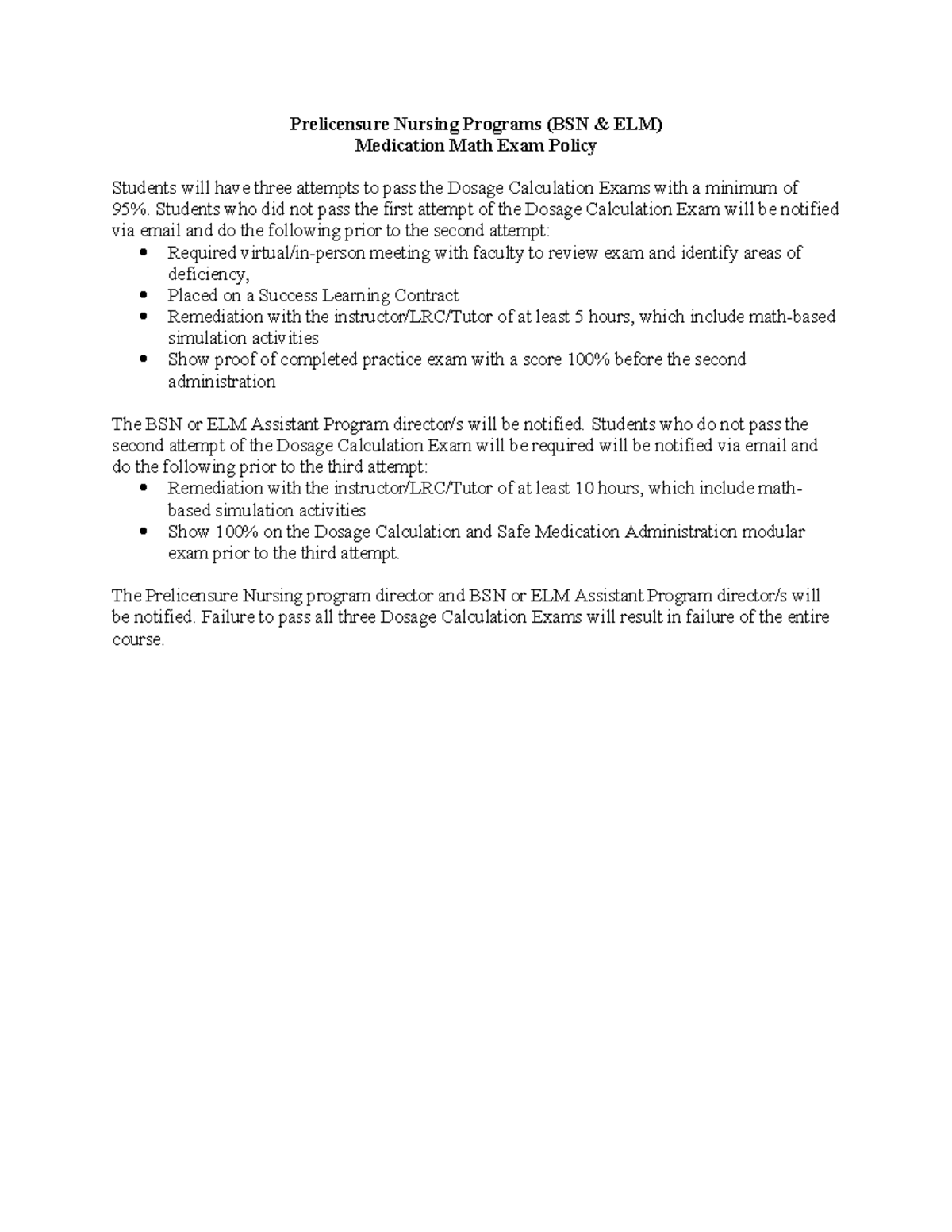 Med Math Policy - Prelicensure Nursing Programs (BSN & ELM) Medication ...