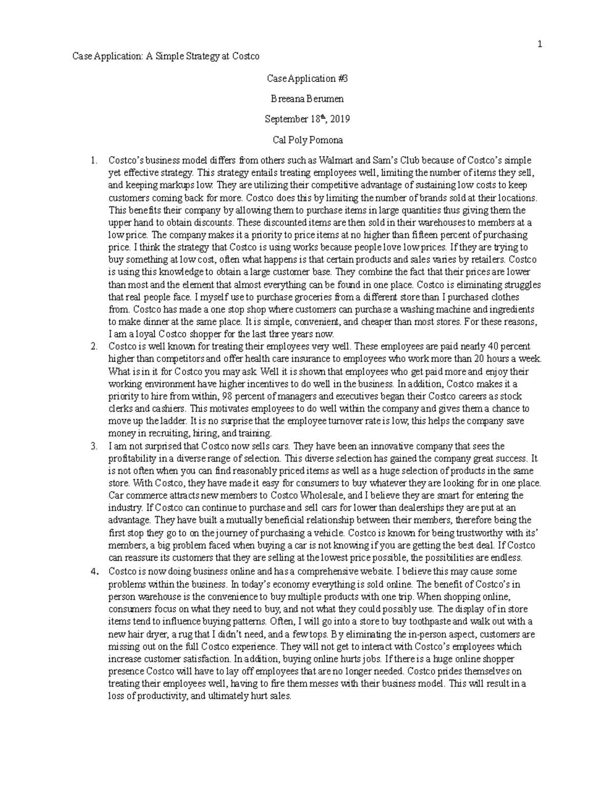 Case Application Costco - 1 Case Application: A Simple Strategy at ...