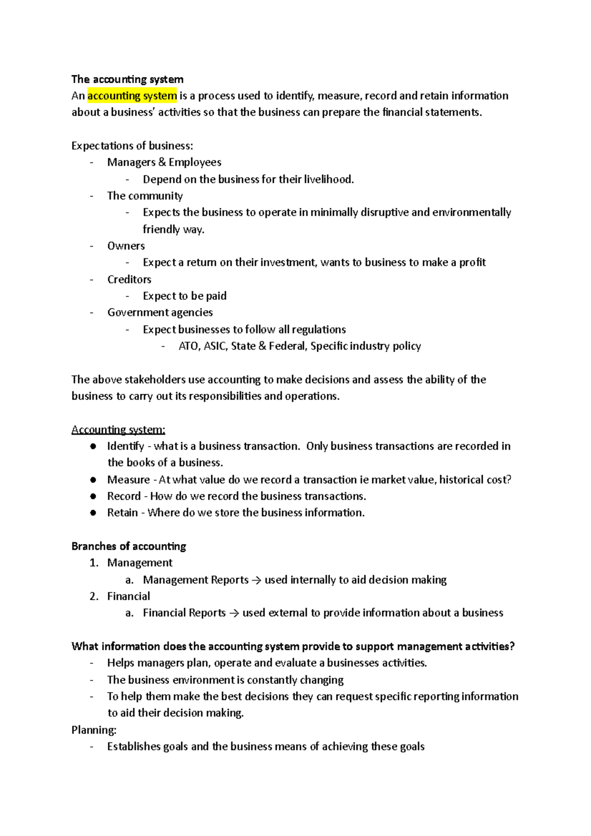 BUSS1030 LECTURE 2 NOTES - The accounting system An accounting system ...