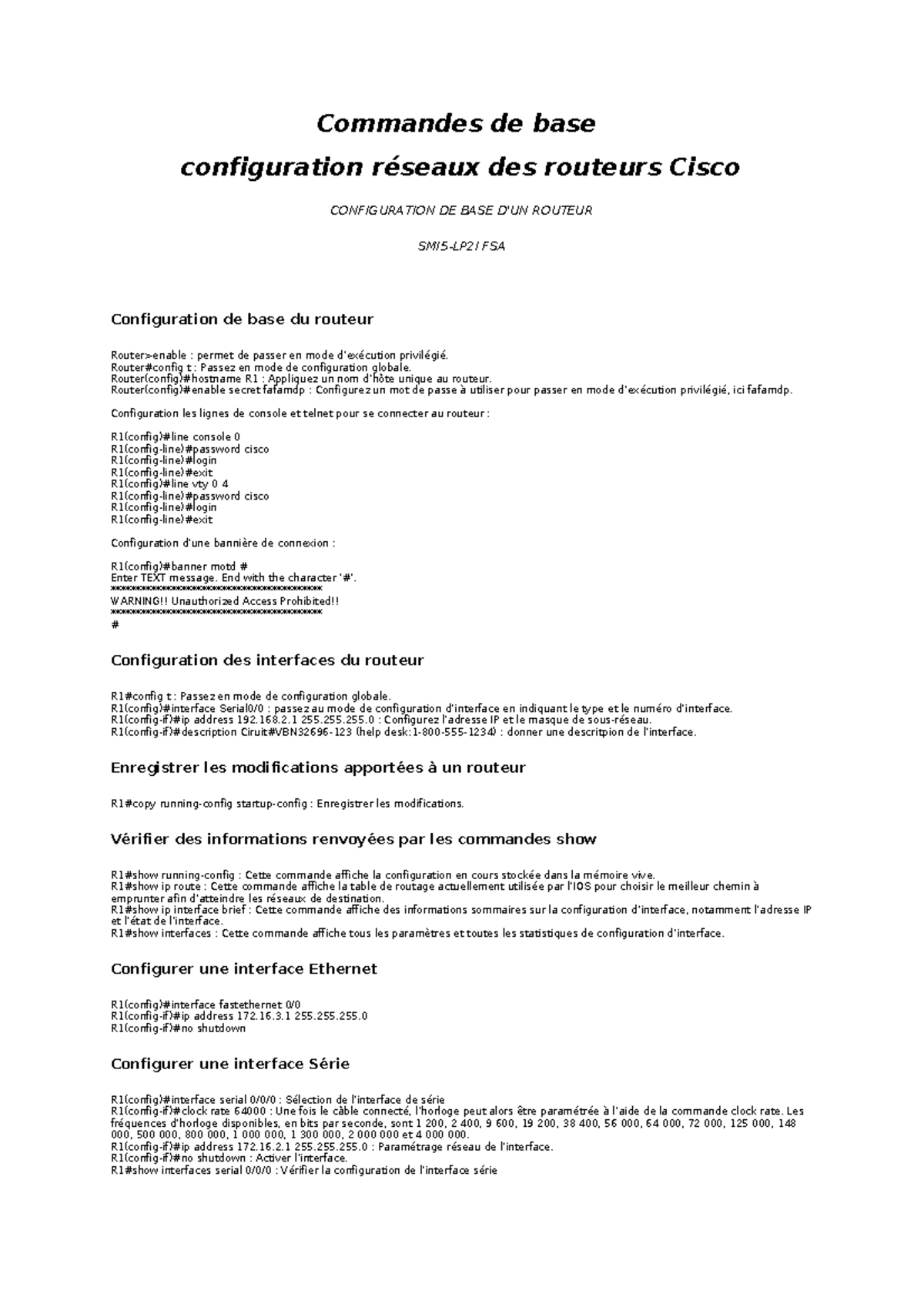 Commandes de base routeurs SMI5 LP2I - Commandes de base configuration réseaux des routeurs ...
