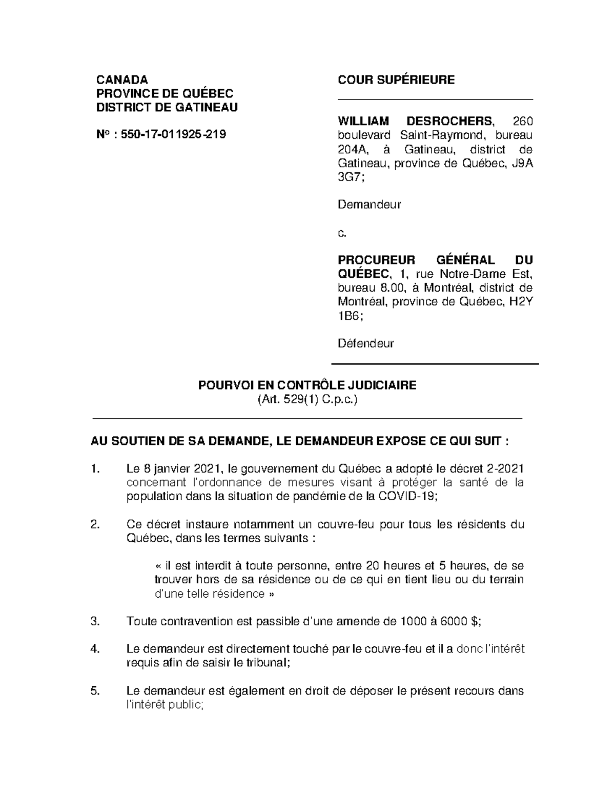 Pourvoi-en-controle-judiciaire (550-17-011925-219) - CANADA PROVINCE DE ...