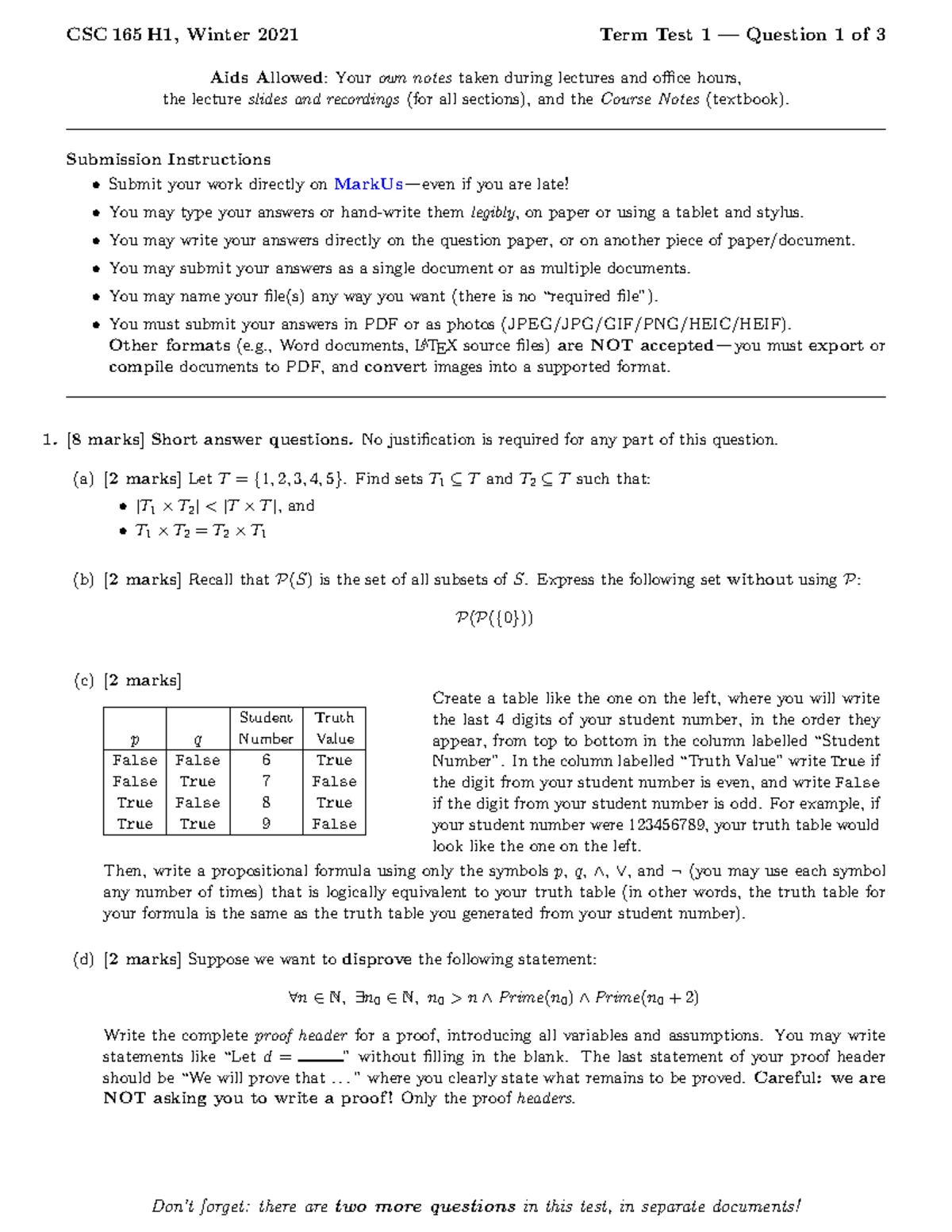 TT1-Q1 - Term test Question 1 - CSC 165 H1, Winter 2021 Term Test 1 ...